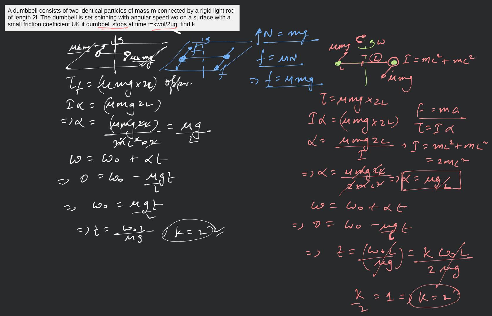 A dumbbell consists of two identical particles of mass m connected by a r..