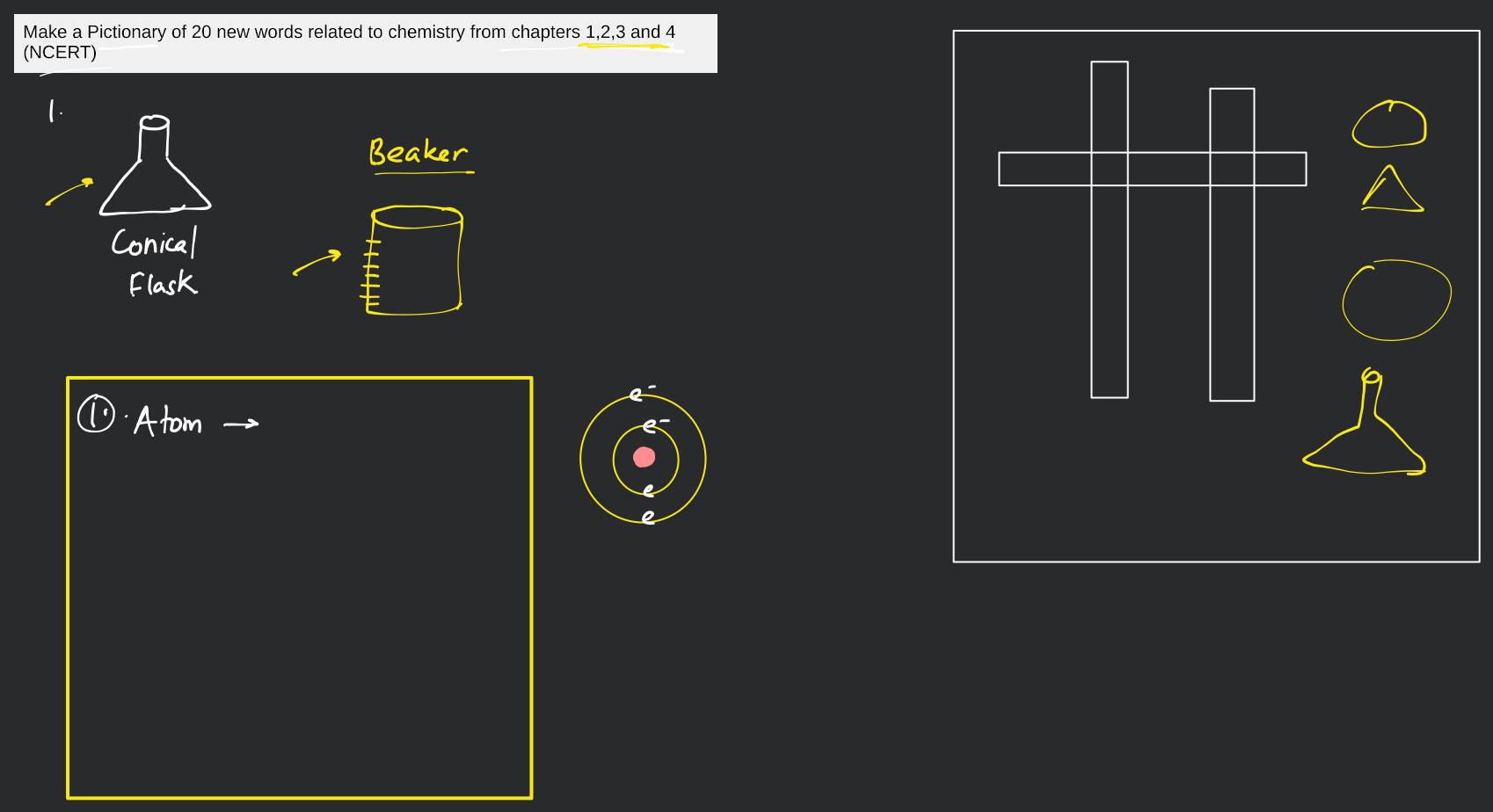Make a Pictionary of 20 new words related to chemistry from chapters 1,2,..