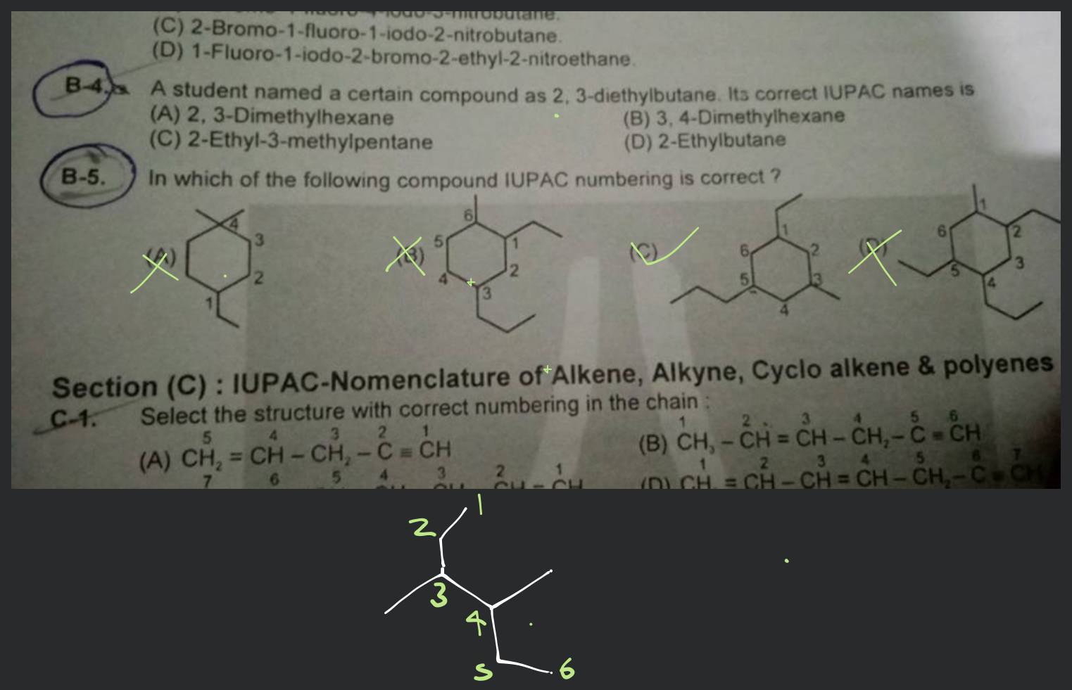 Section (C) : IUPAC-Nomenclature of Alkene, Alkyne, Cyclo alkene \& polye..