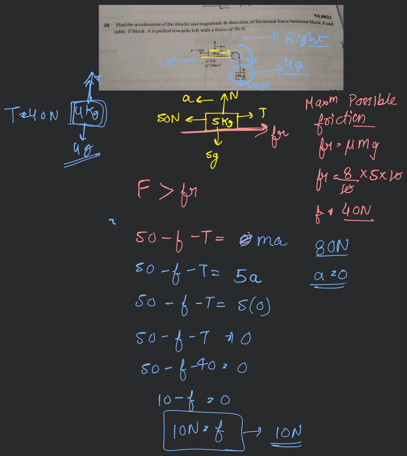 Find the acceleration of the blocks and magnitude \& direction of frictio..