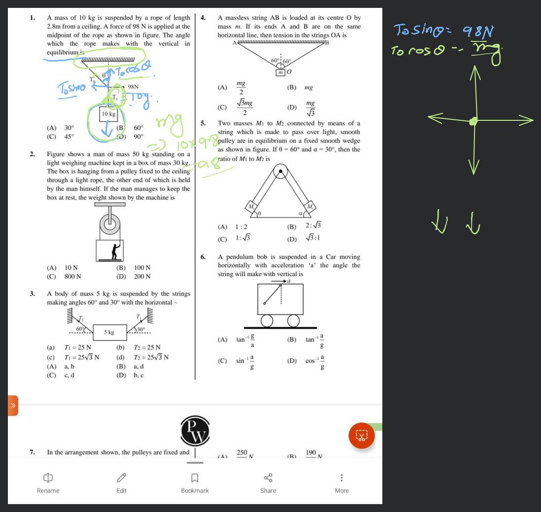 A massless string AB is loaded at its centre O by mass m. If its ends A a..