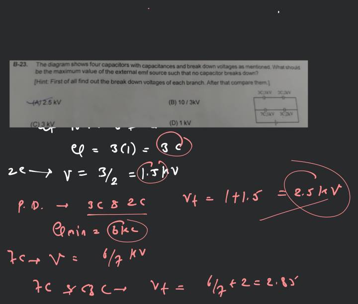 B-23. The diagram shows four capacitors with capacitances and break down