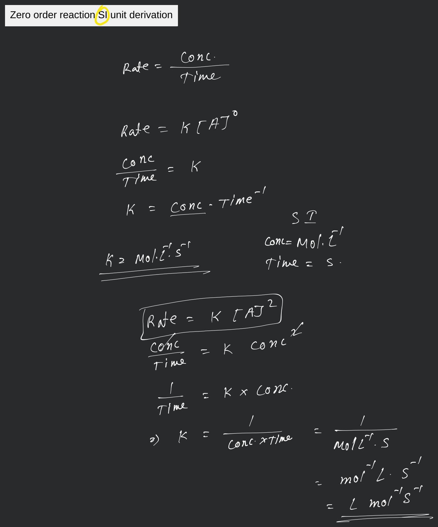 Zero order reaction SI unit derivation | Filo