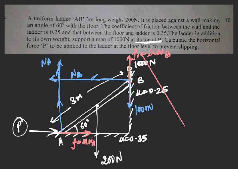 A uniform ladder ' AB ' 3 m long weighs 200 N. It is placed against a wal..