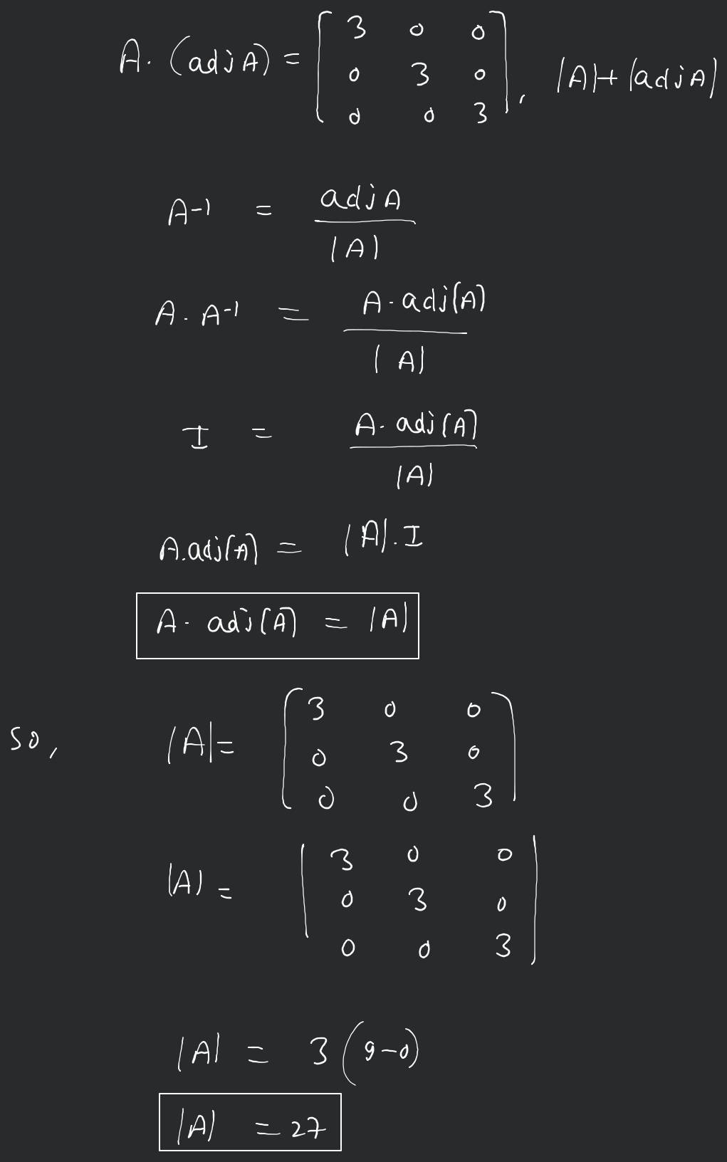 If A⋅(adjA)=⎣⎡ 300 030 003 ⎦⎤ , then the value of ∣A∣+∣adjA∣ is equal to