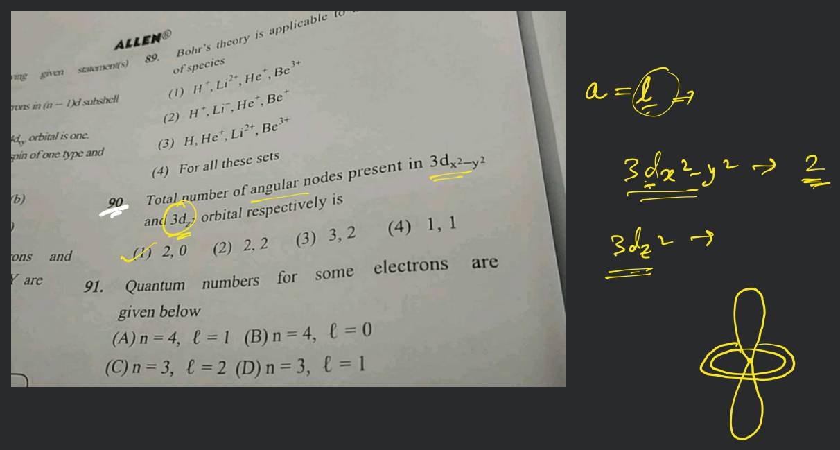 Total number of angular nodes present in 3dx2−y2 and 3dz2 orbital respe..