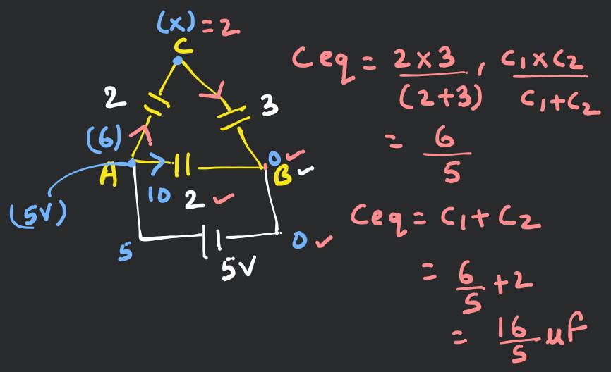 Three capacitors are connected in the arms of a triangle ABC as shown in