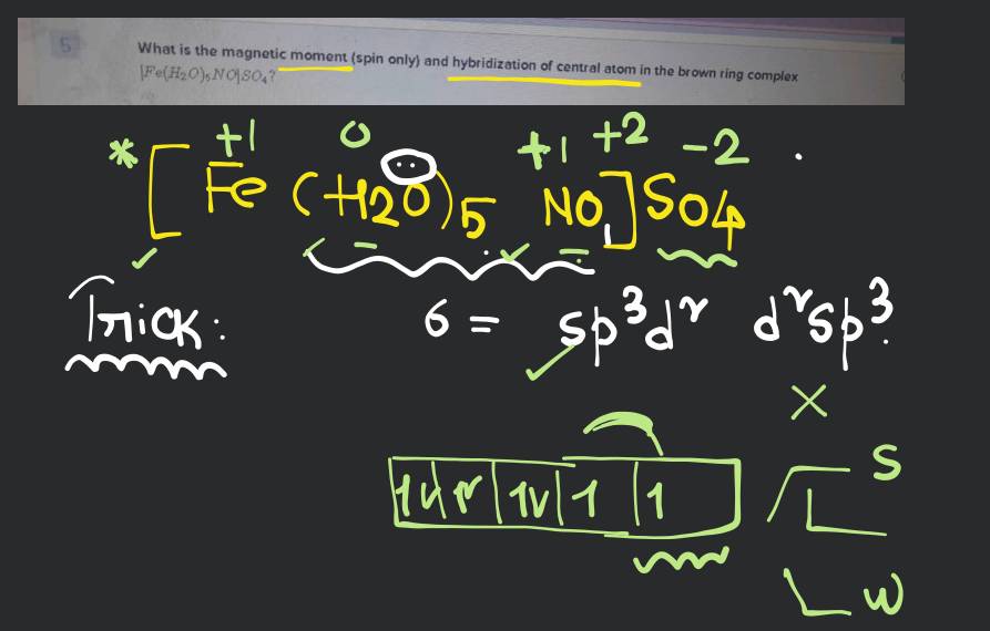 What is the magnetic moment (spin only) and hybridization of central atom..