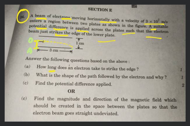 34. A beam of electrons moving horizontally with a velocity of 3×107 m/s