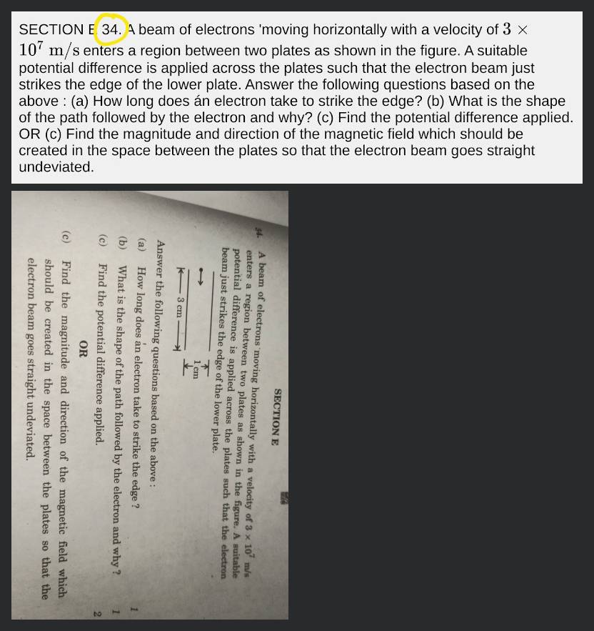 34. A beam of electrons moving horizontally with a velocity of 3×107 m/s