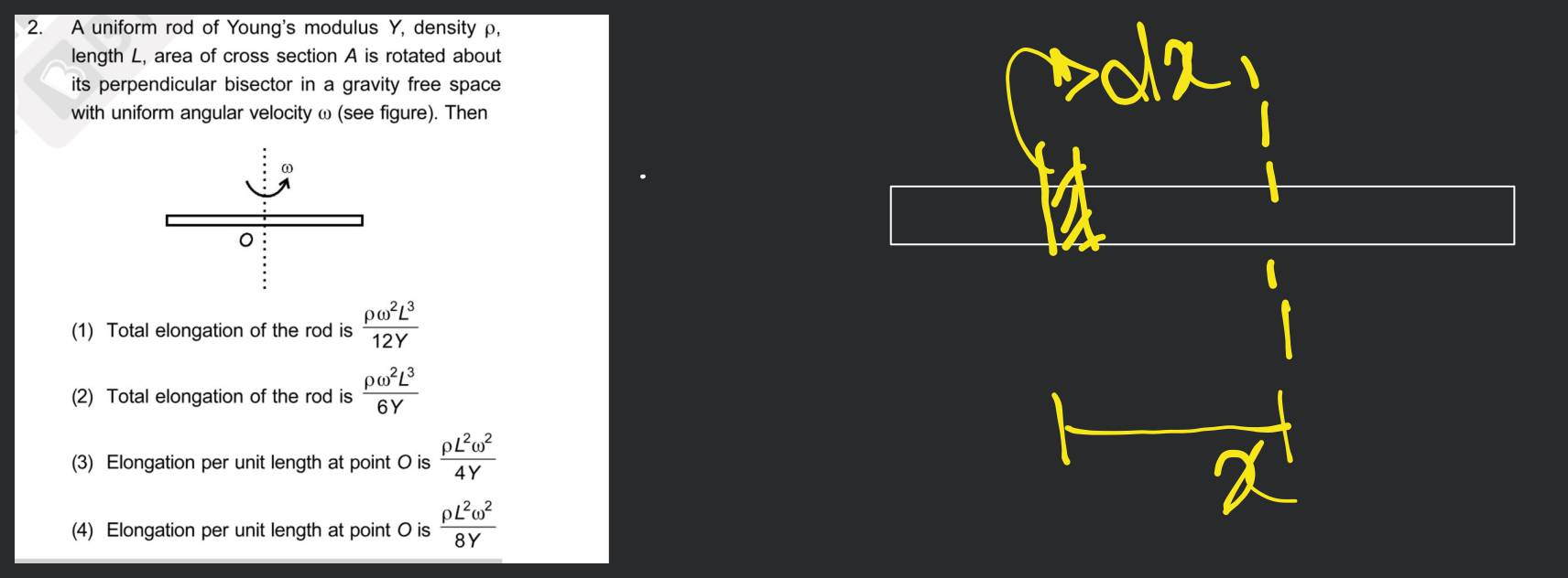 A uniform rod of Young's modulus Y, density ρ, length L, area of cross se..