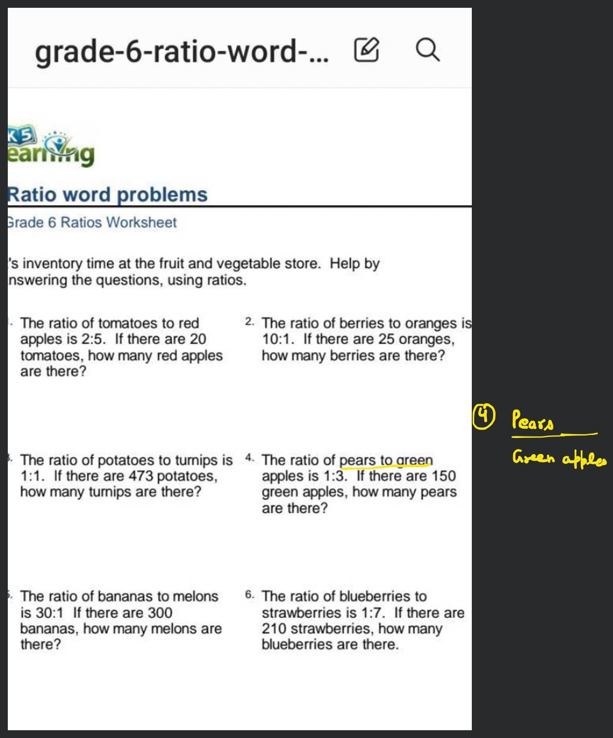 grade-6-ratio-word-... ing Ratio word problems Grade 6 Ratios Worksheet