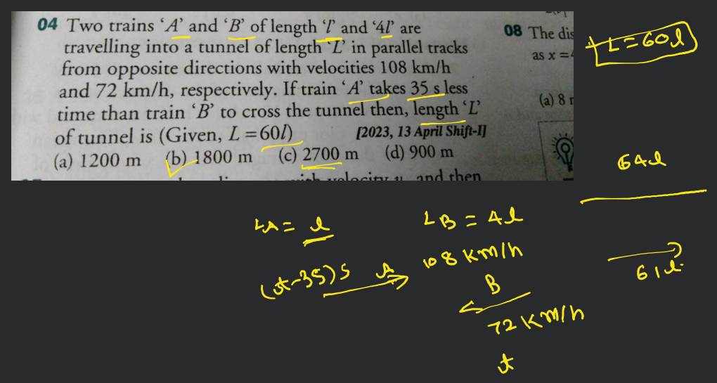 Two trains ' A ' and B ' of length ' l ' and ' 4l ' are travelling into a..