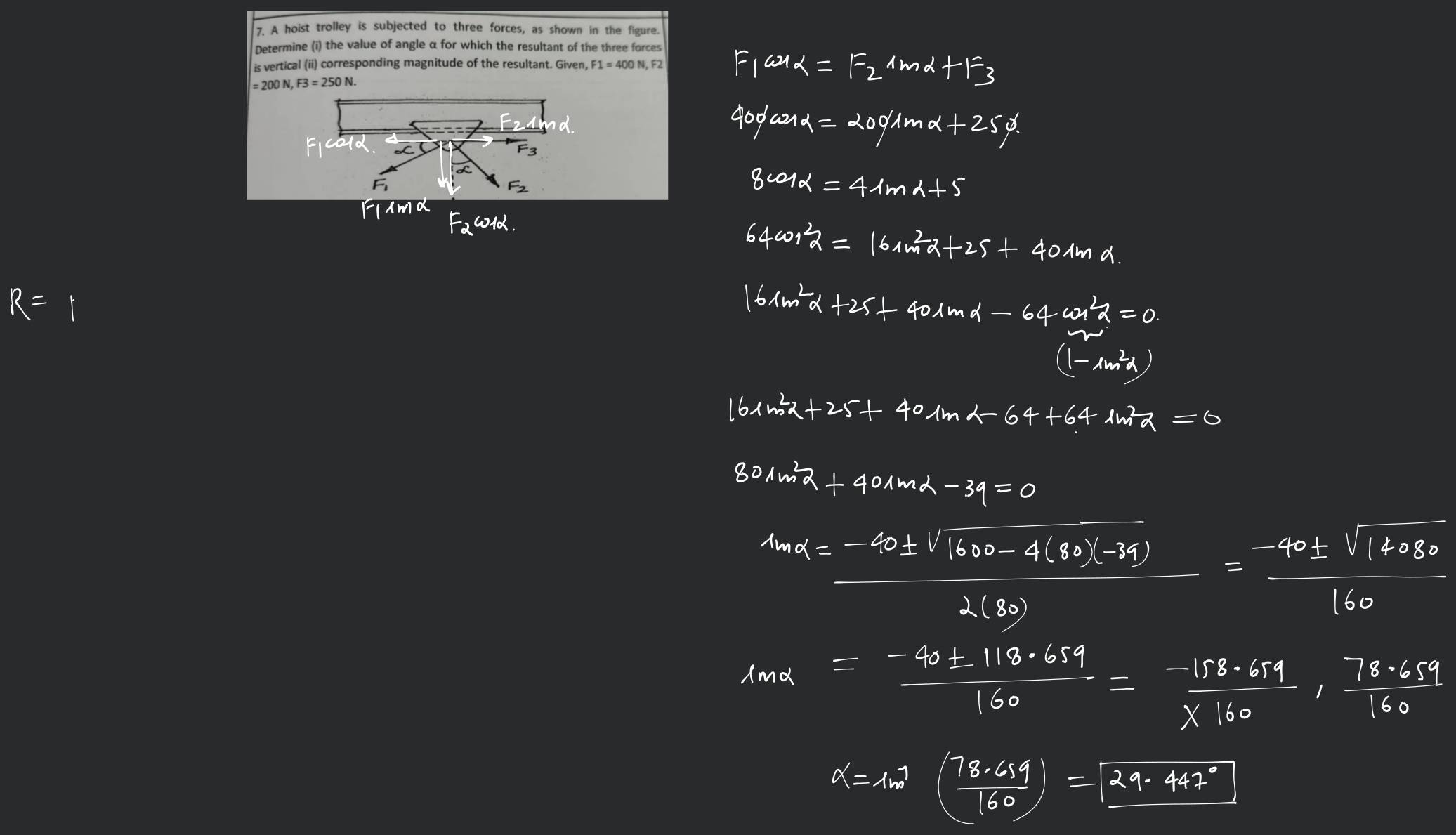 7. A hoist trolley is subjected to three forces, as shown in the figure.