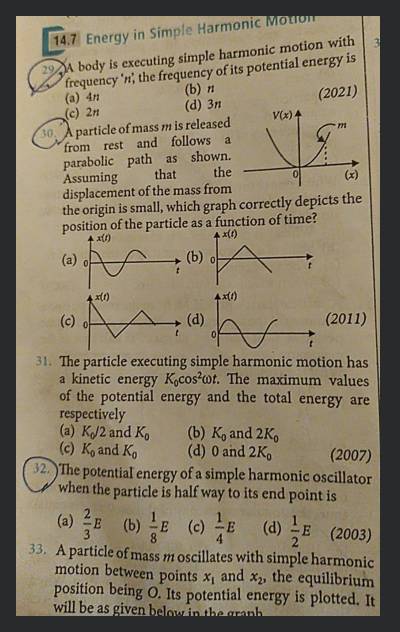 A particle of mass m is released from rest and follows a parabolic path a..