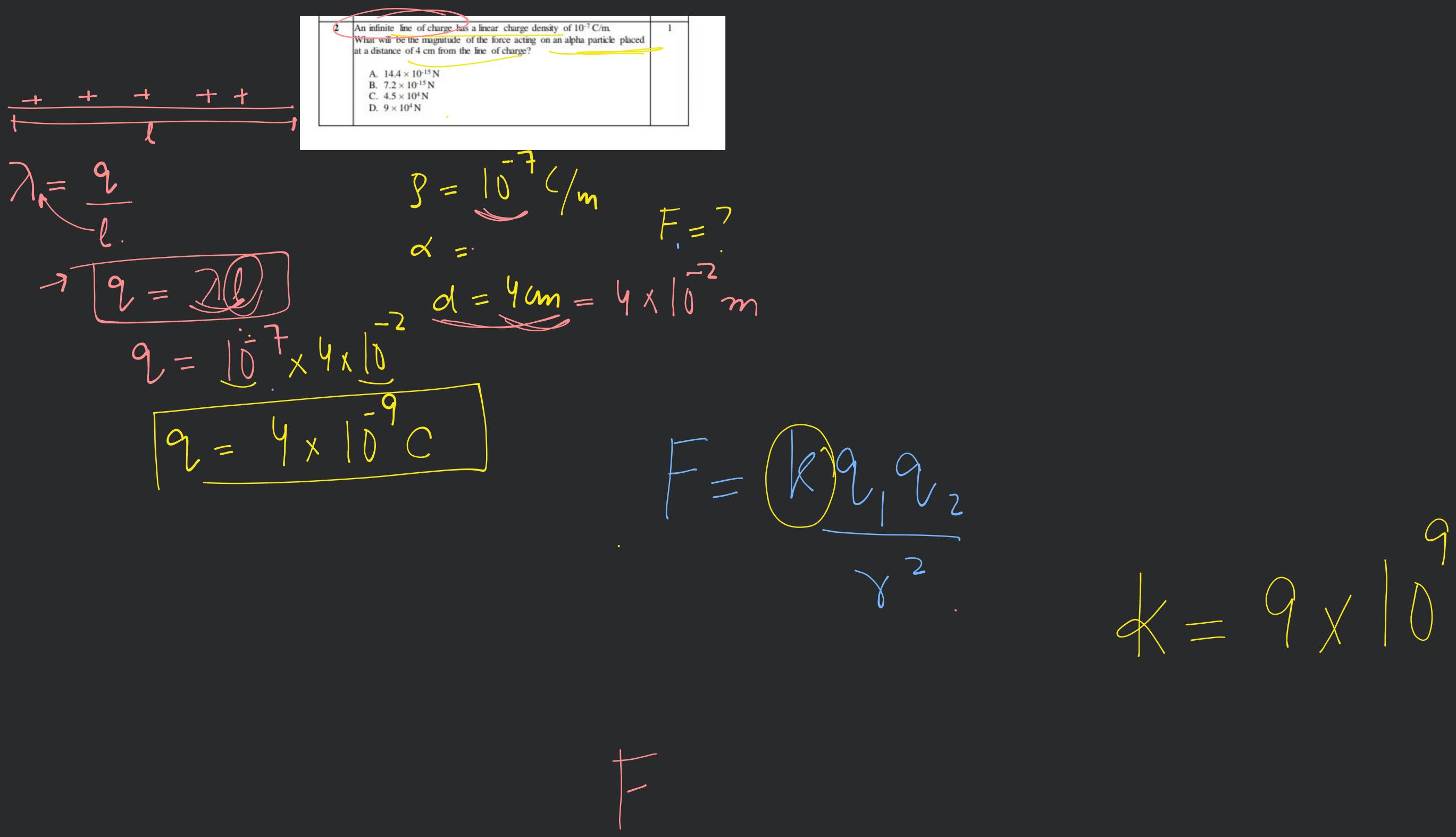 An infinite line of charge has a linear charge density of 10−7C/m. What w..