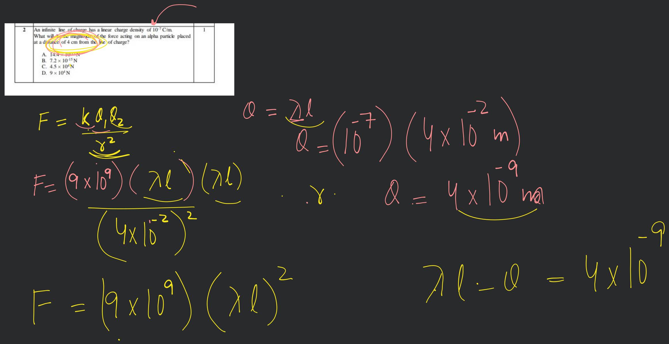 An infinite line of charge has a linear charge density of 10−7C/m. What w..