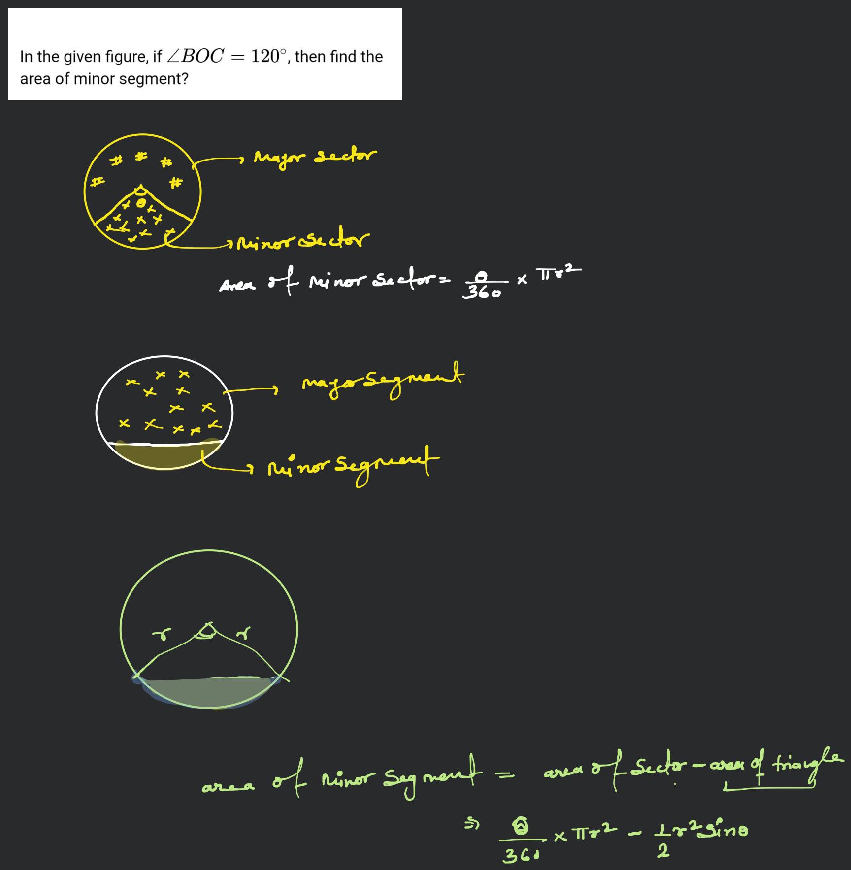 In the given figure, if ∠BOC=120∘, then find the area of minor segment?..