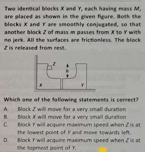 Two identical blocks X and Y, each having mass M, are placed as shown in Two identical blocks X and Y, each having mass M, are placed as shown in