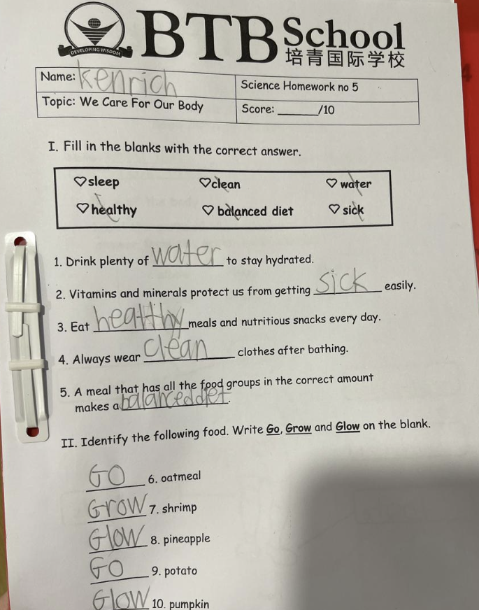 Fill in the blanks with the correct answer. sleep clean water healthy ba..