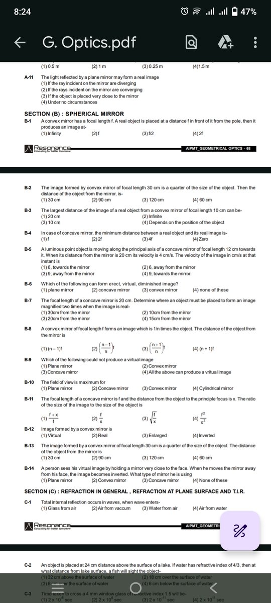 Multiple Choice Questions on Mirrors and Refraction A-11 The light refle..