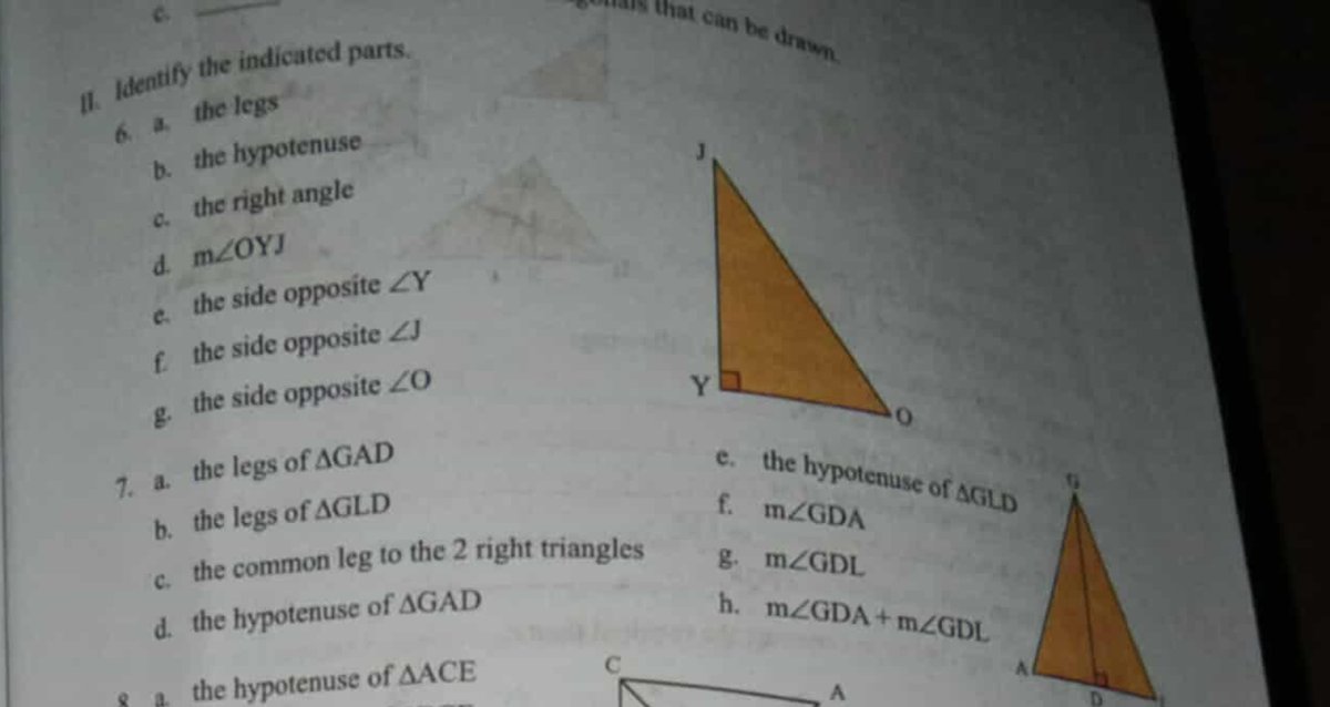 II. Identify the indicated parts. a. the legs b. the hypotenuse c. the r..