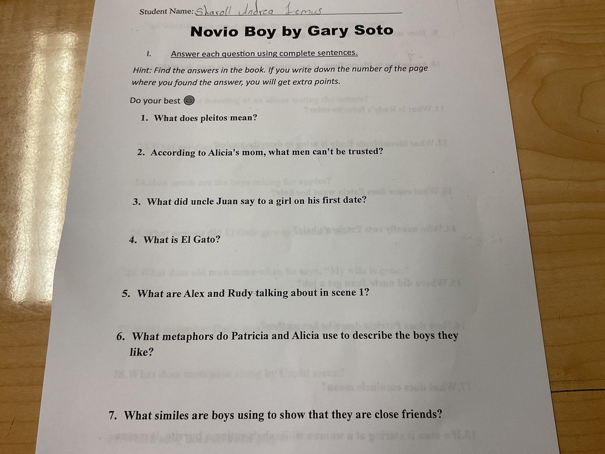 Student Name: \qquad Sharoll Andrea Lems Novio Boy by Gary Soto I. Answer..
