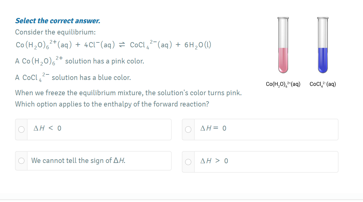 Select the correct answer.Consider the equilibrium:Co(H2 O)6 2+(aq)+4Cl.. Select the correct answer.Consider the equilibrium:Co(H2 O)6 2+(aq)+4Cl..
