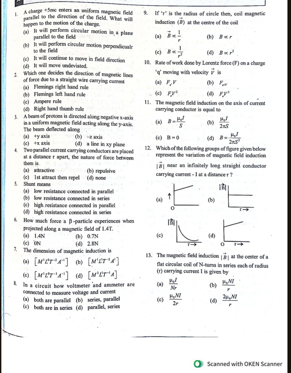 Multiple Choice Questions on Magnetism and Electromagnetism A charge +5m..