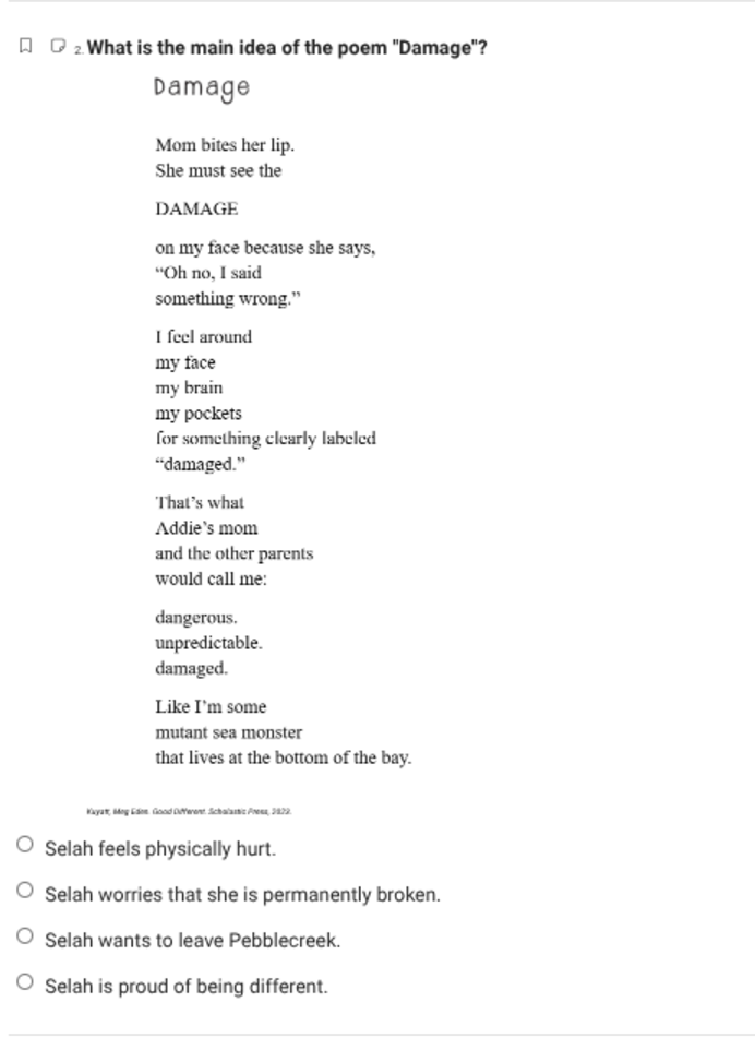 What is the main idea of the poem "Damage"? Damage Mom bites her lip. S..