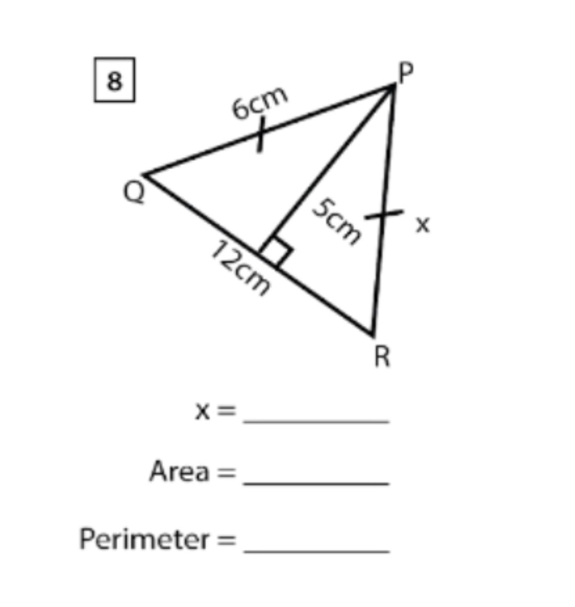 Find x, area, and perimeter of the given diagram. | Filo
