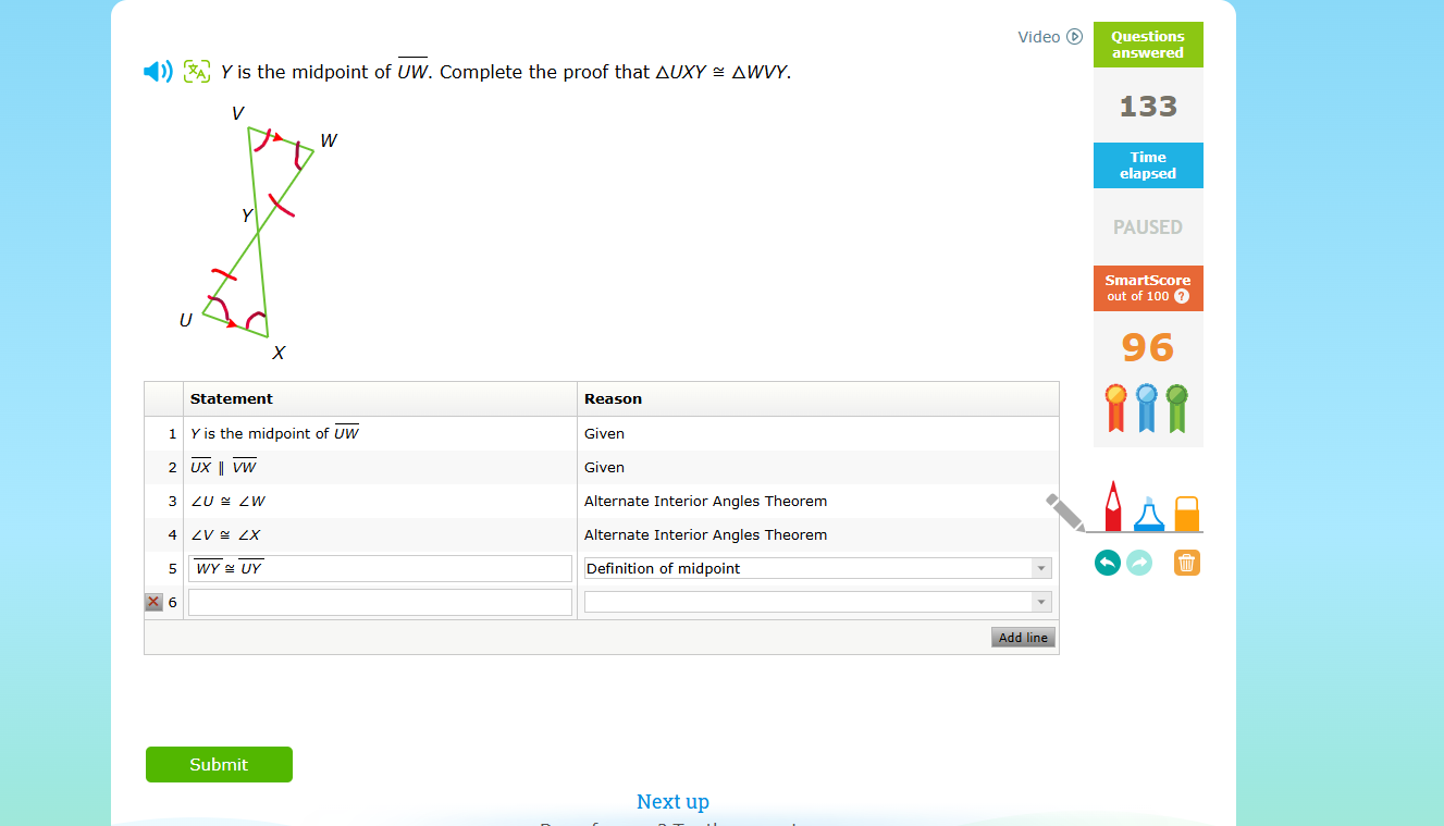 Video Questions answered 133 Time elapsed PAUSED SmartScore out of 100 96..