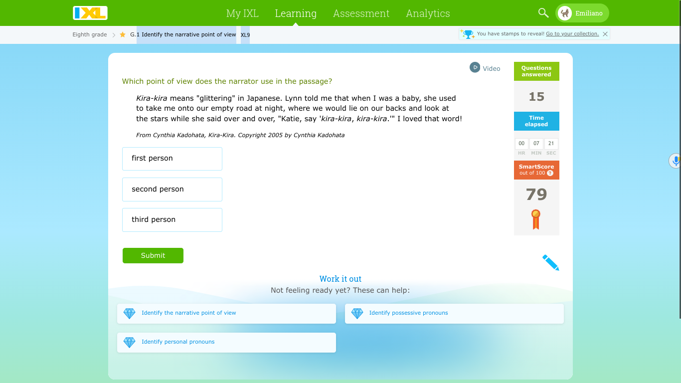 \square \times My IXL Learning Assessment Analytics Emiliano Eighth grade..
