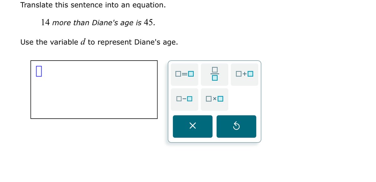 Translate this sentence into an equation.14 more than Diane's age is 45...