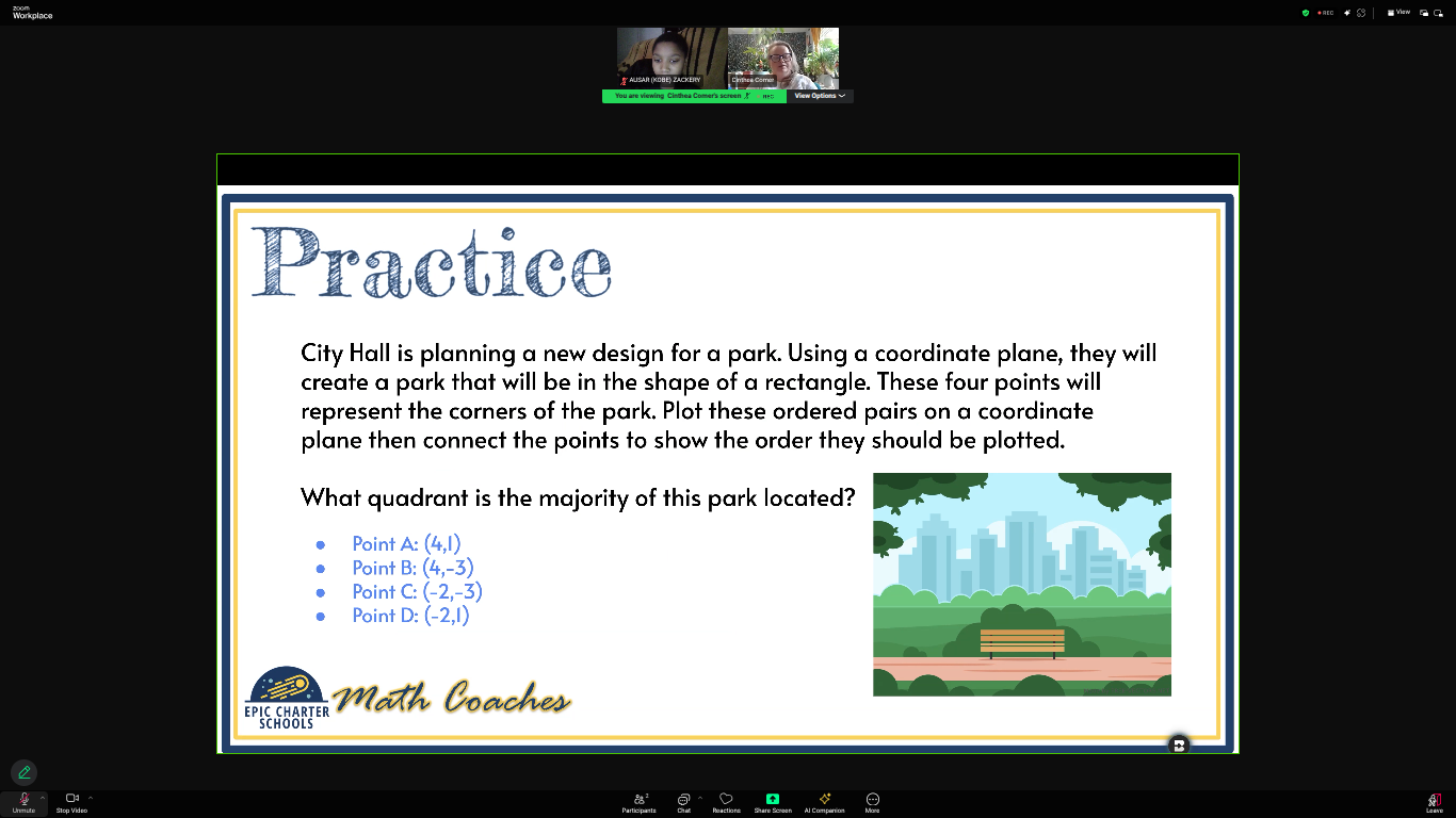 City Hall is planning a new design for a park. Using a coordinate plane,
