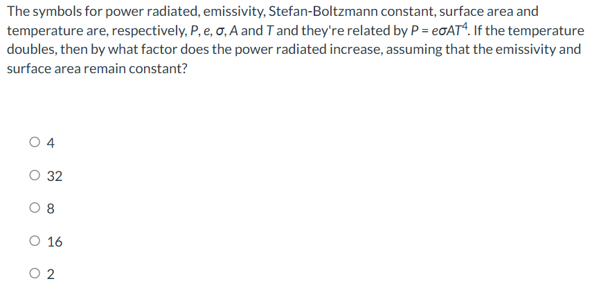 The symbols for power radiated, emissivity, Stefan-Boltzmann constant, su..