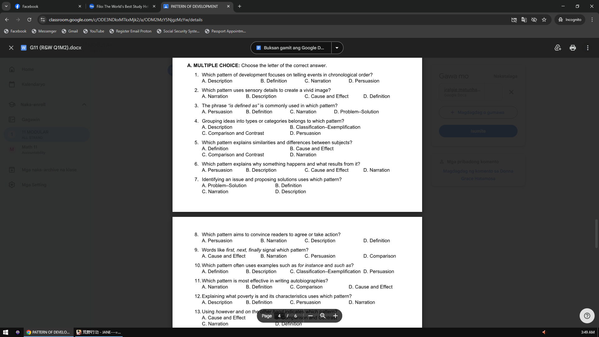 A. MULTIPLE CHOICE: Choose the letter of the correct answer. Which patte..