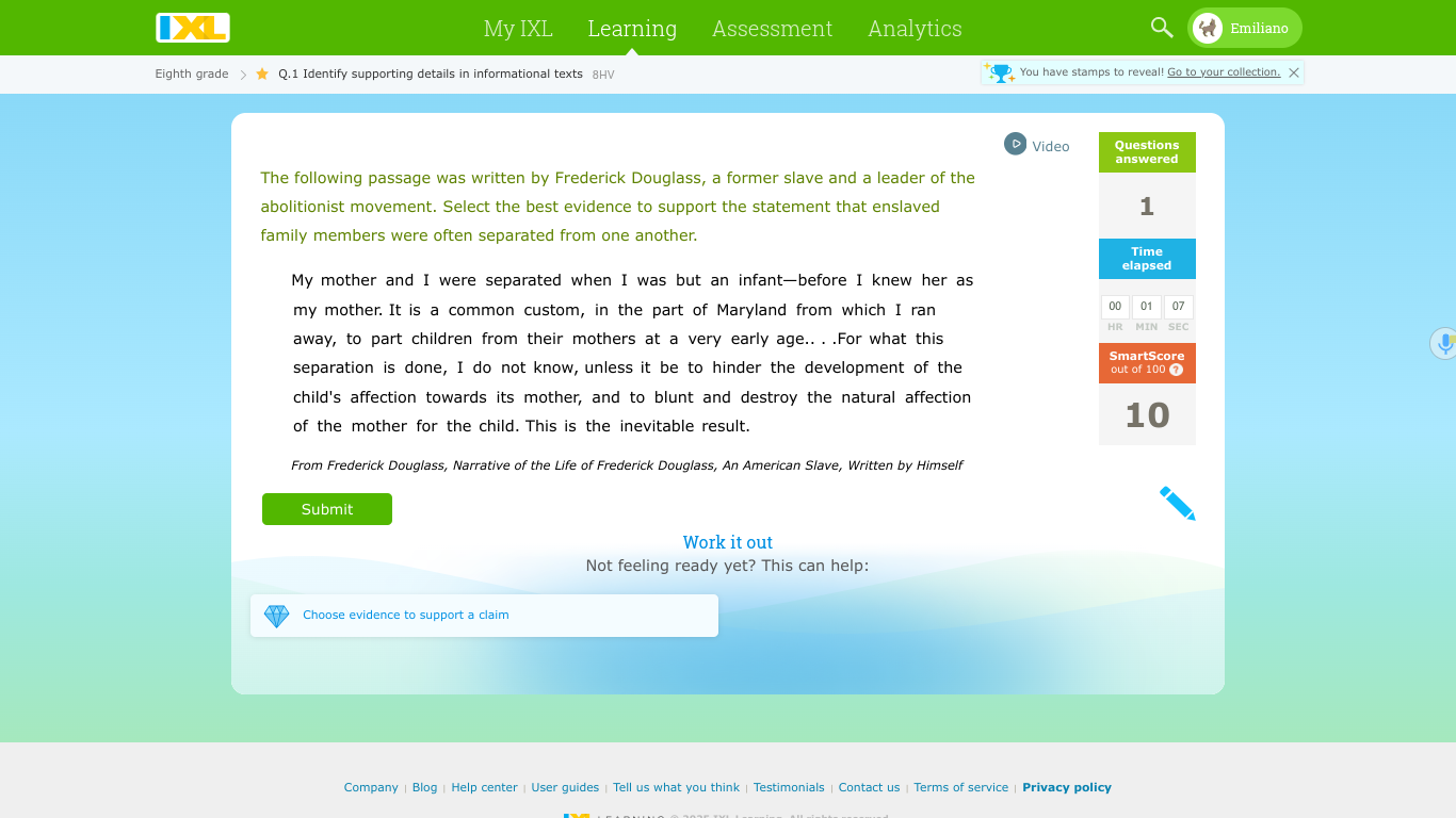 \square \times My IXL Learning Assessment Analytics Emiliano Eighth grade..
