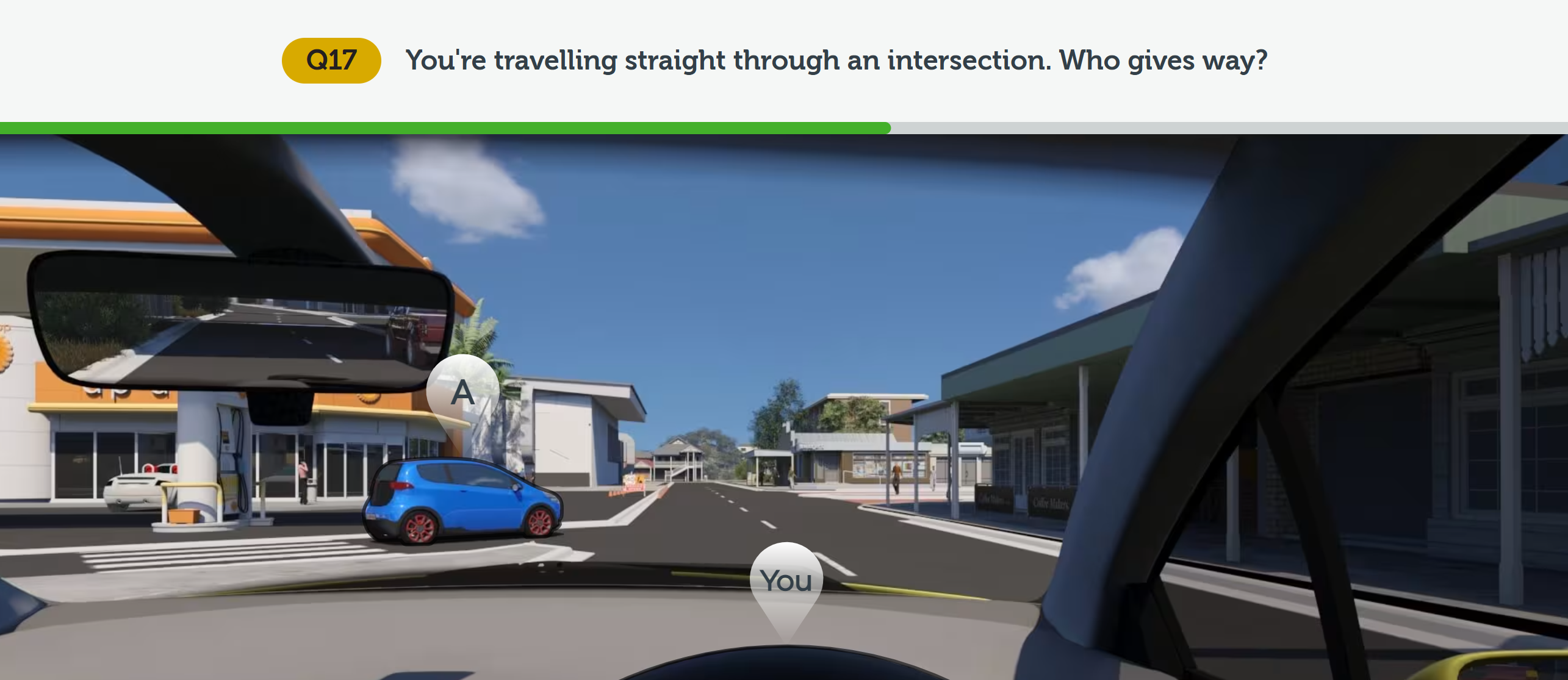 Q17 You're travelling straight through an intersection. Who gives way?..