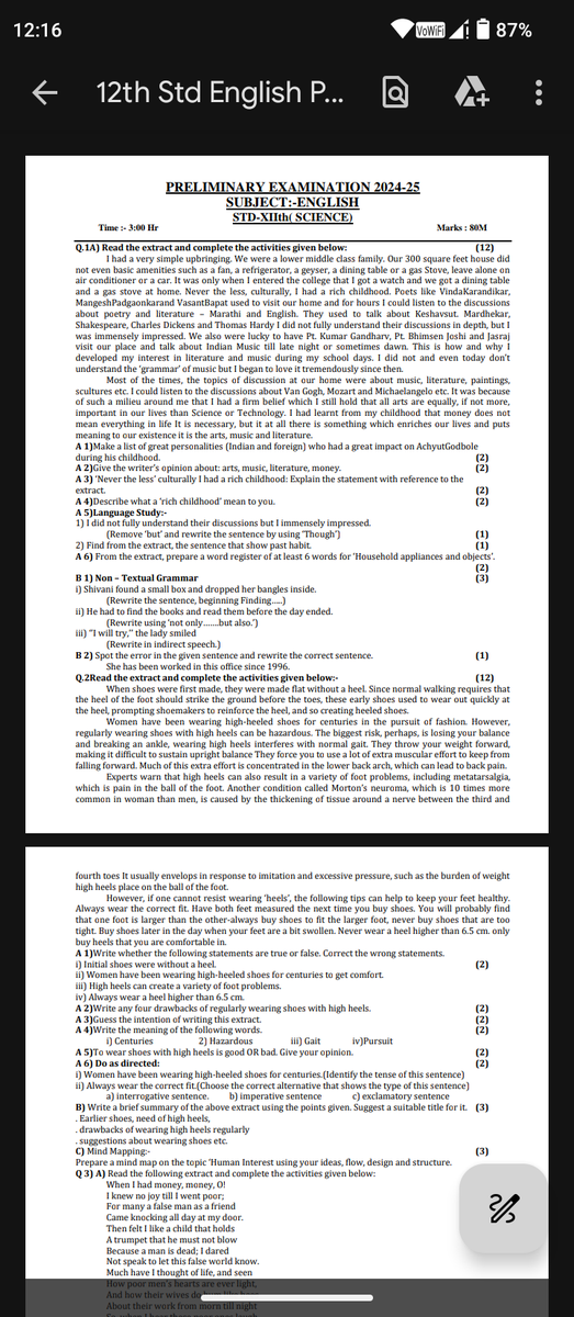 12:16 VoWiFi 87\% 12th Std English P... PRELIMINARY EXAMINATION 2024-25