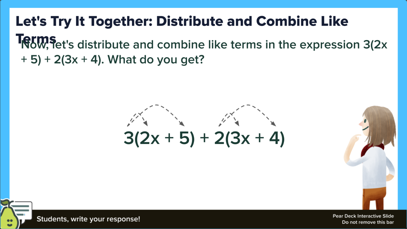 Distribute and combine like terms in the expression 3(2x + 5) + 2(3x + 4)..