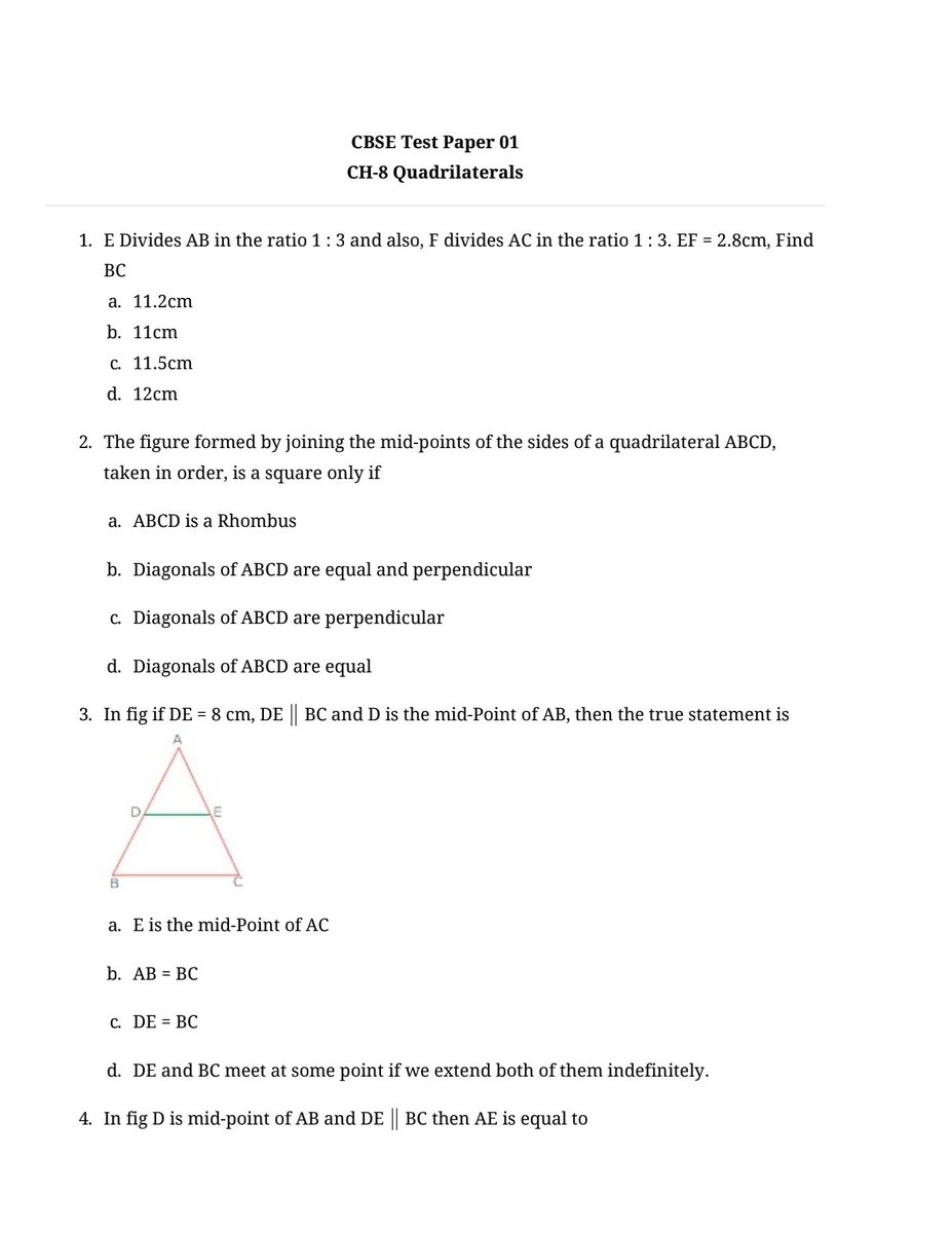 CBSE Test Paper 01CH-8 Quadrilaterals1. E Divides AB in the ratio 1:3 a..