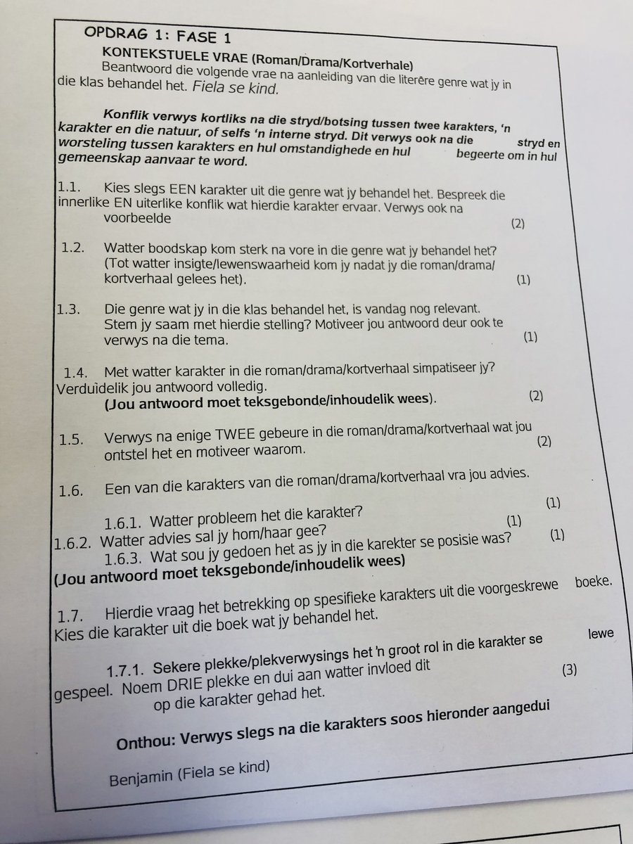 OPDRAG 1: FASE 1 KONTEKSTUELE VRAE (Roman/Drama/Kortverhale) Beantwoord d..