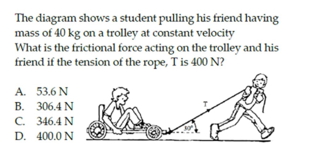 The diagram shows a student pulling his friend having mass of 40 kg on a