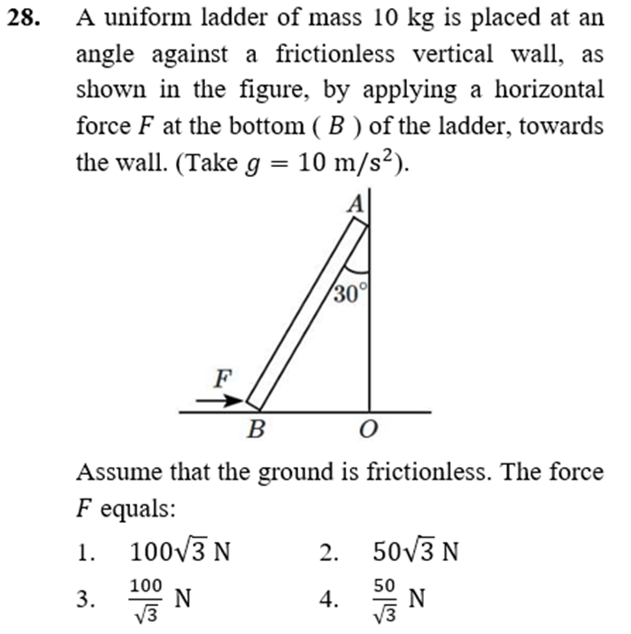 A uniform ladder of mass 10 kg is placed at an angle of 30° against a fri..