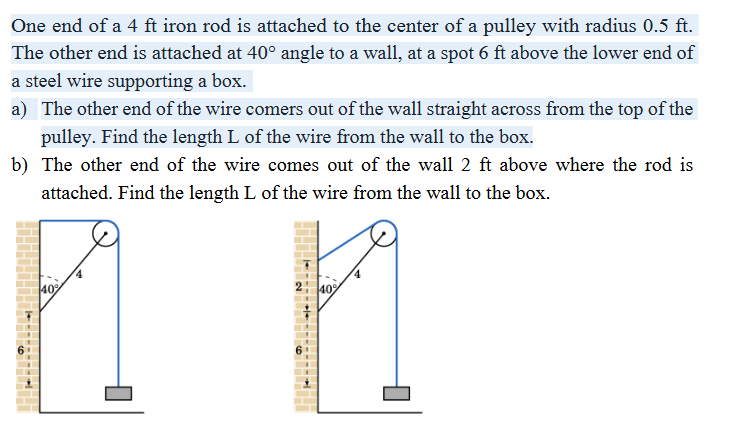 One end of a 4 ft iron rod is attached to the center of a pulley with rad..