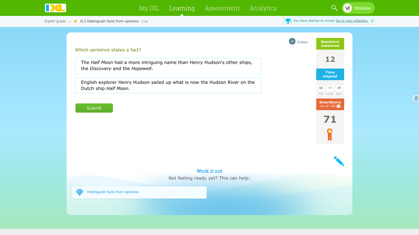 \square \times My IXL Learning Assessment Analytics Emiliano Eighth grade..