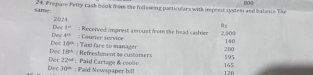 24. Prepare Petty cash book from the following particulars with imprest s..