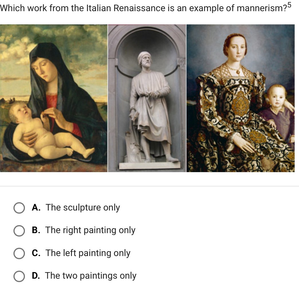 Which work from the Italian Renaissance is an example of mannerism? A. T..