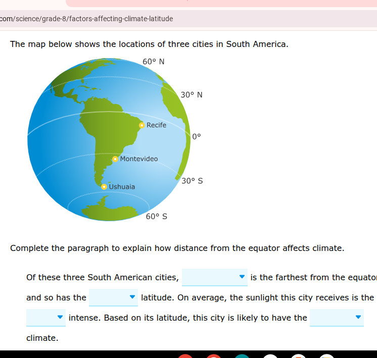 Complete the paragraph to explain how distance from the equator affects c..
